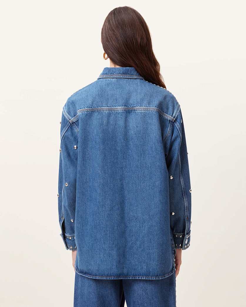 Alba Studded Oversized Denim Shirt Mid Indigo | ALLSAINTS US